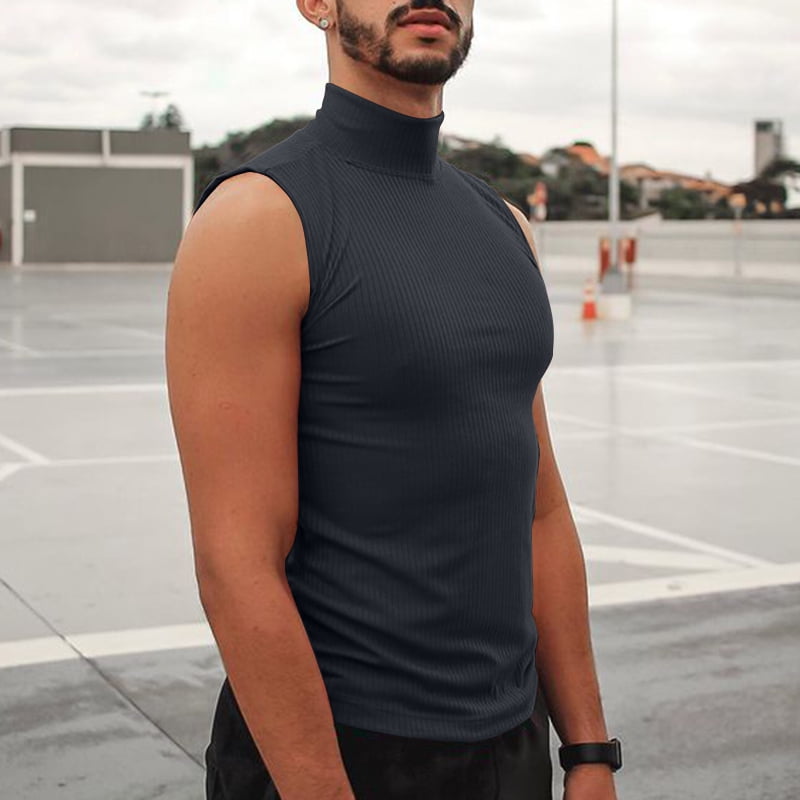 Incerun Mens Sleeveless Turtleneck Slim Fitting Pinstripe Sports Tank
