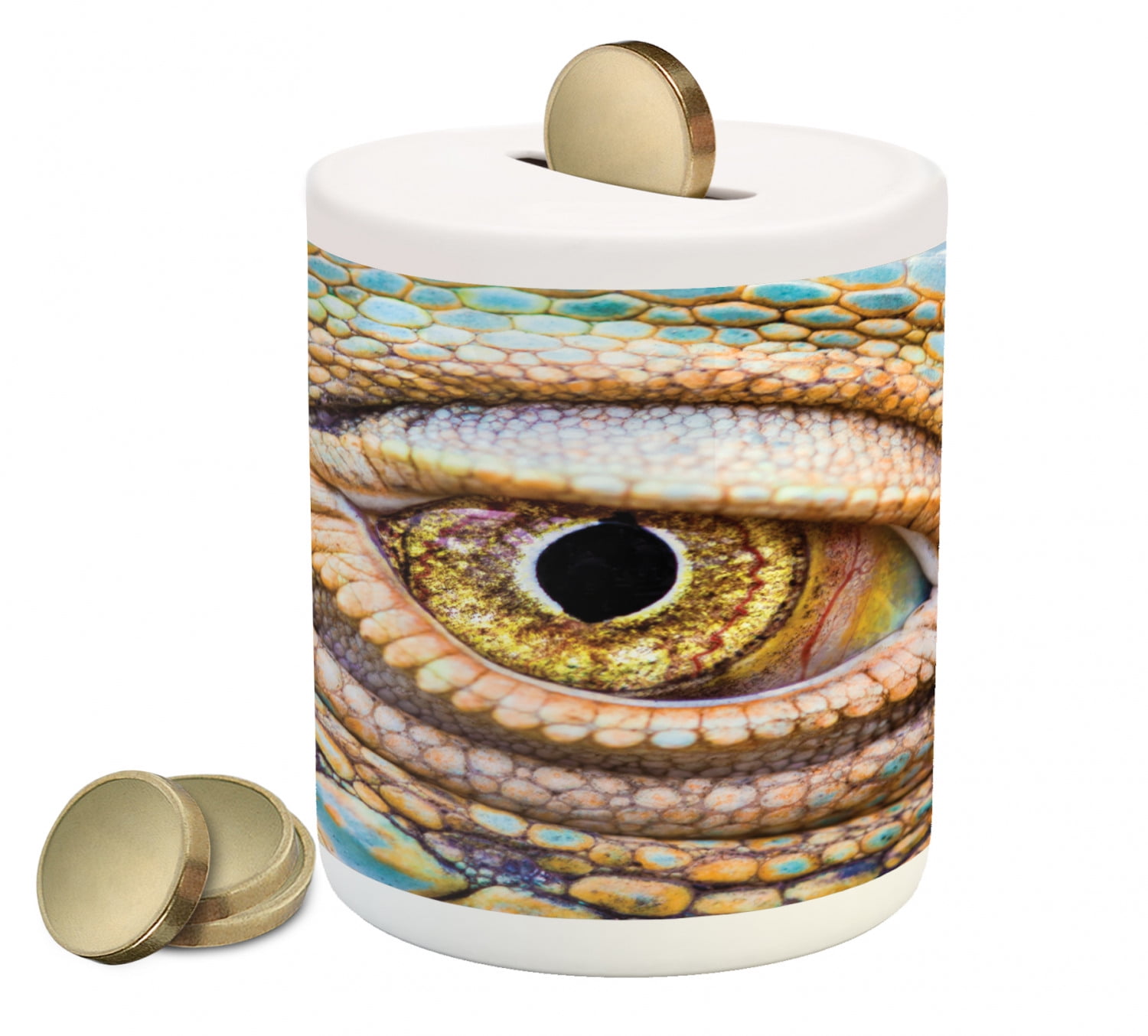 Reptile Piggy Bank, Graphic of Creepy Eye of Iguana with Colorful ...