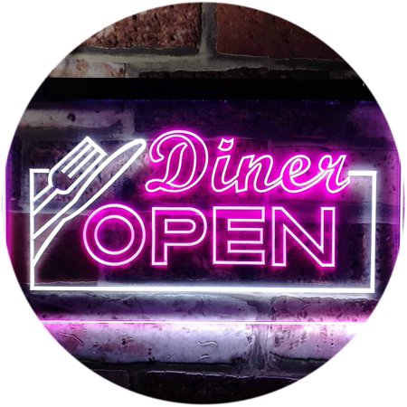 Diner Open Restaurant Café Bar Dual Color LED Neon Sign White & Purple ...