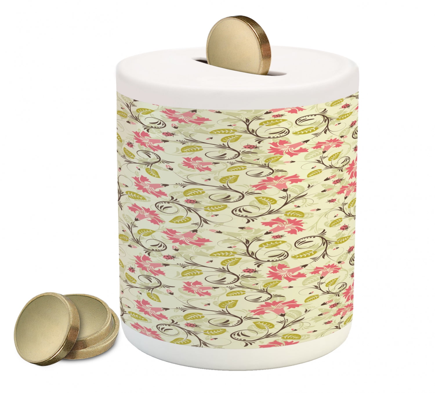 Ladybugs Piggy Bank, Curving Flower Design with Ladybugs and Retro ...