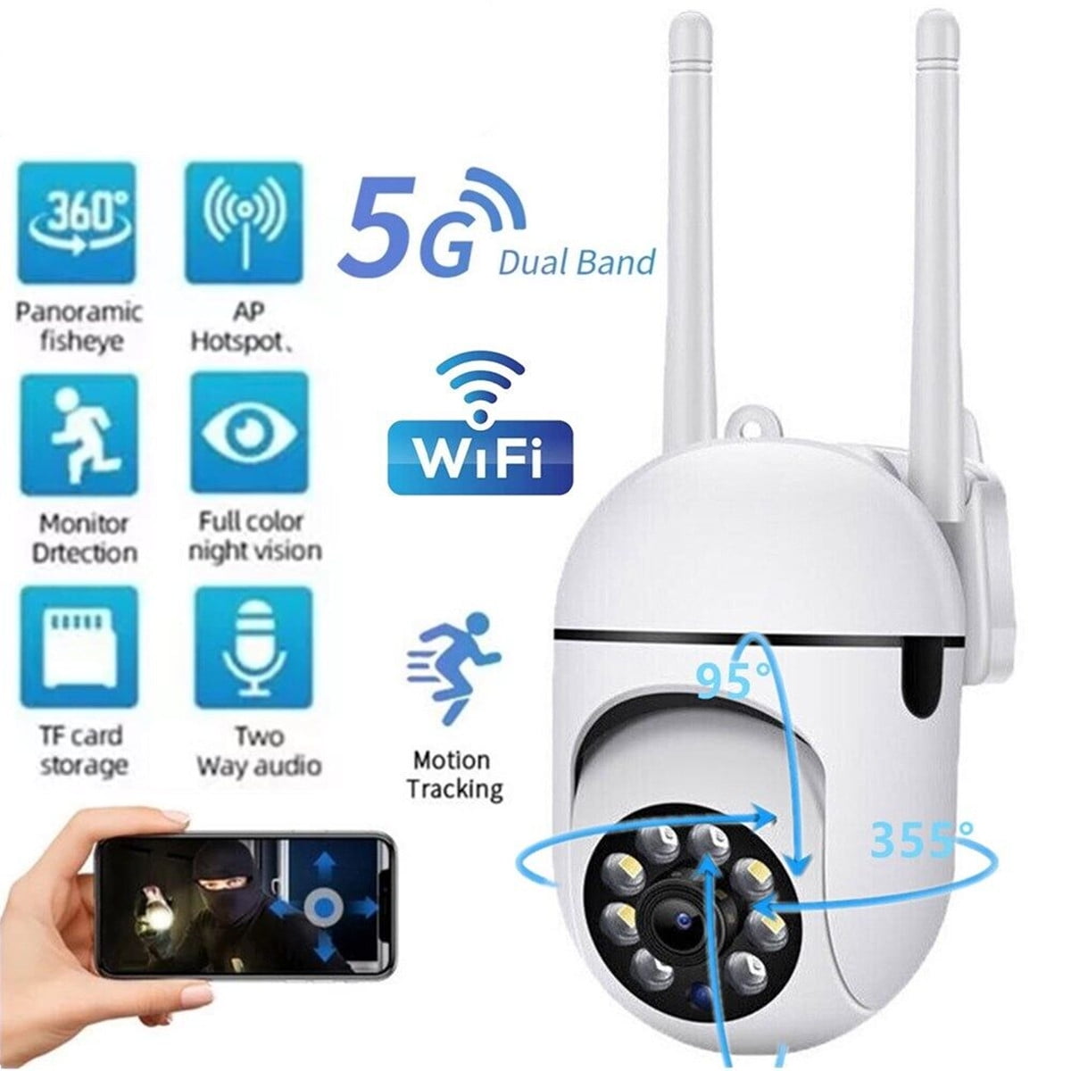 5G WiFi Home Video Surveillance Camera, Night Vision 355° Pan-Tilt View ...
