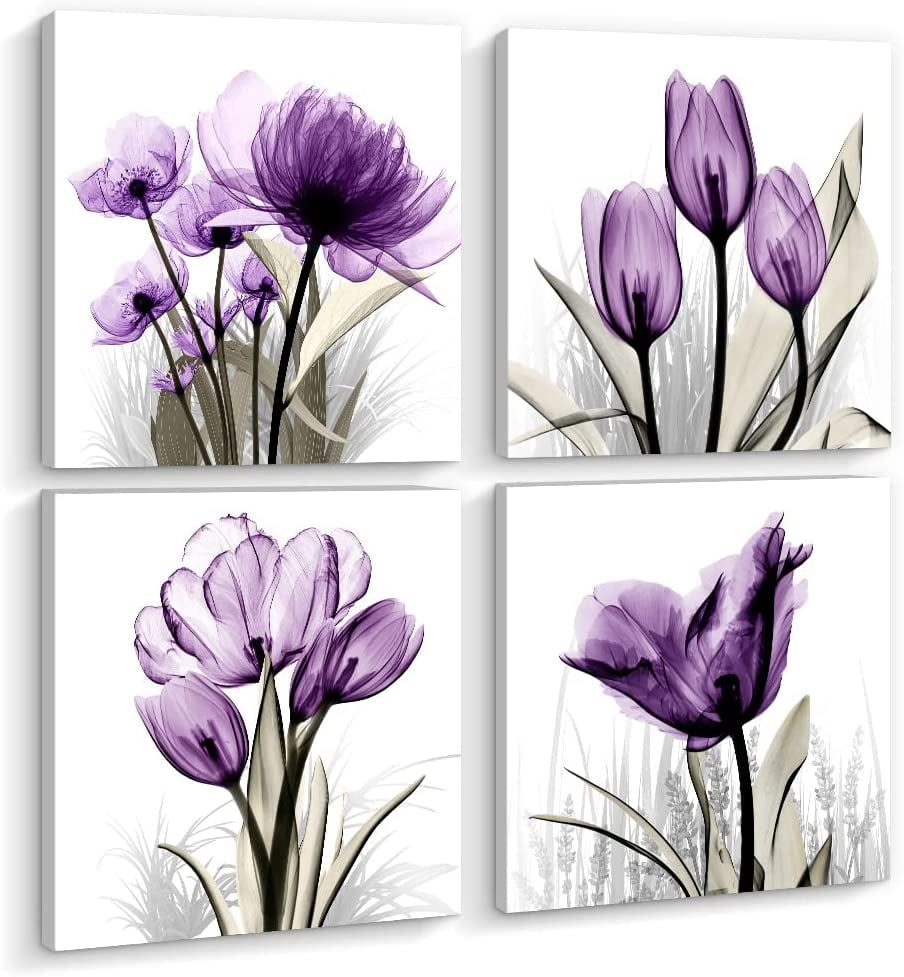 Purple Canvas Wall Art for Living Room, 4 Pieces Purple Tulip flower ...