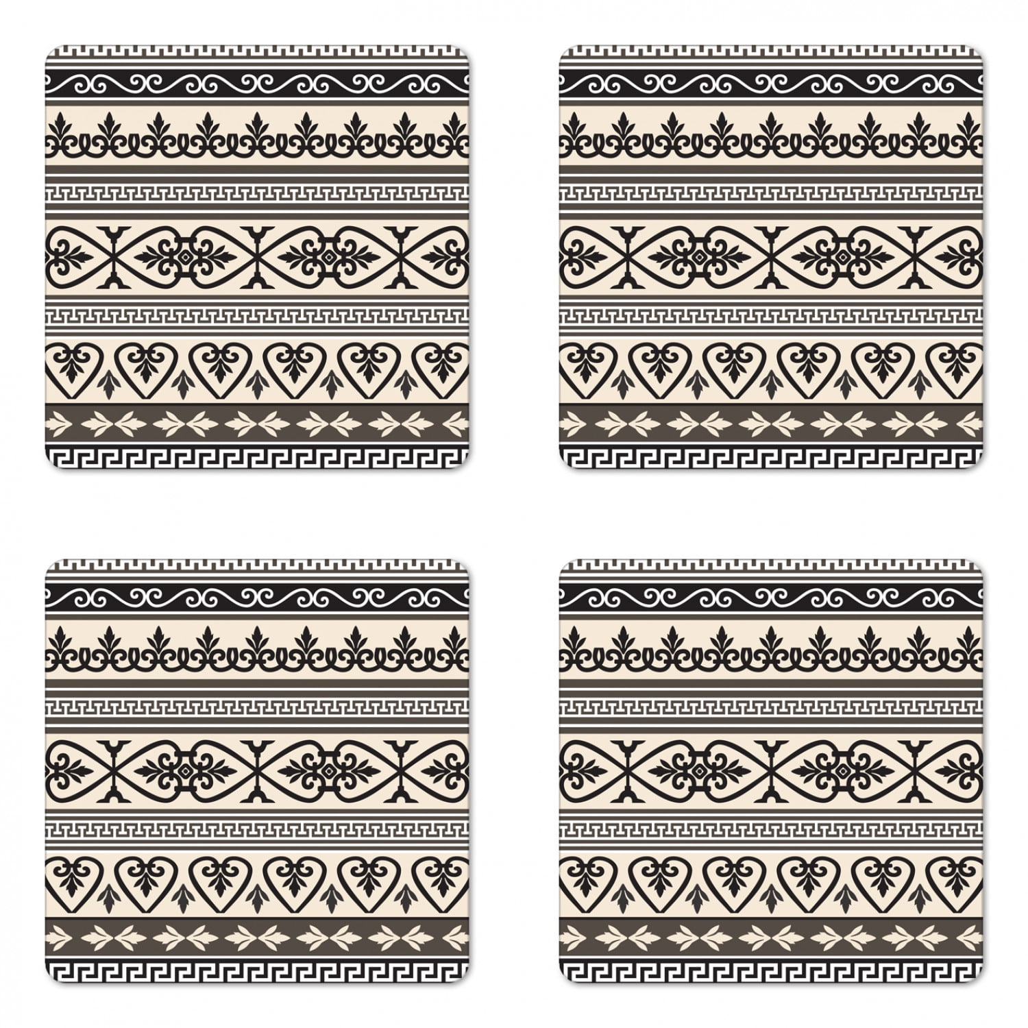 Ethnic Coaster Set of 4, Antique Leaves Hearts Borders Roman Florals ...