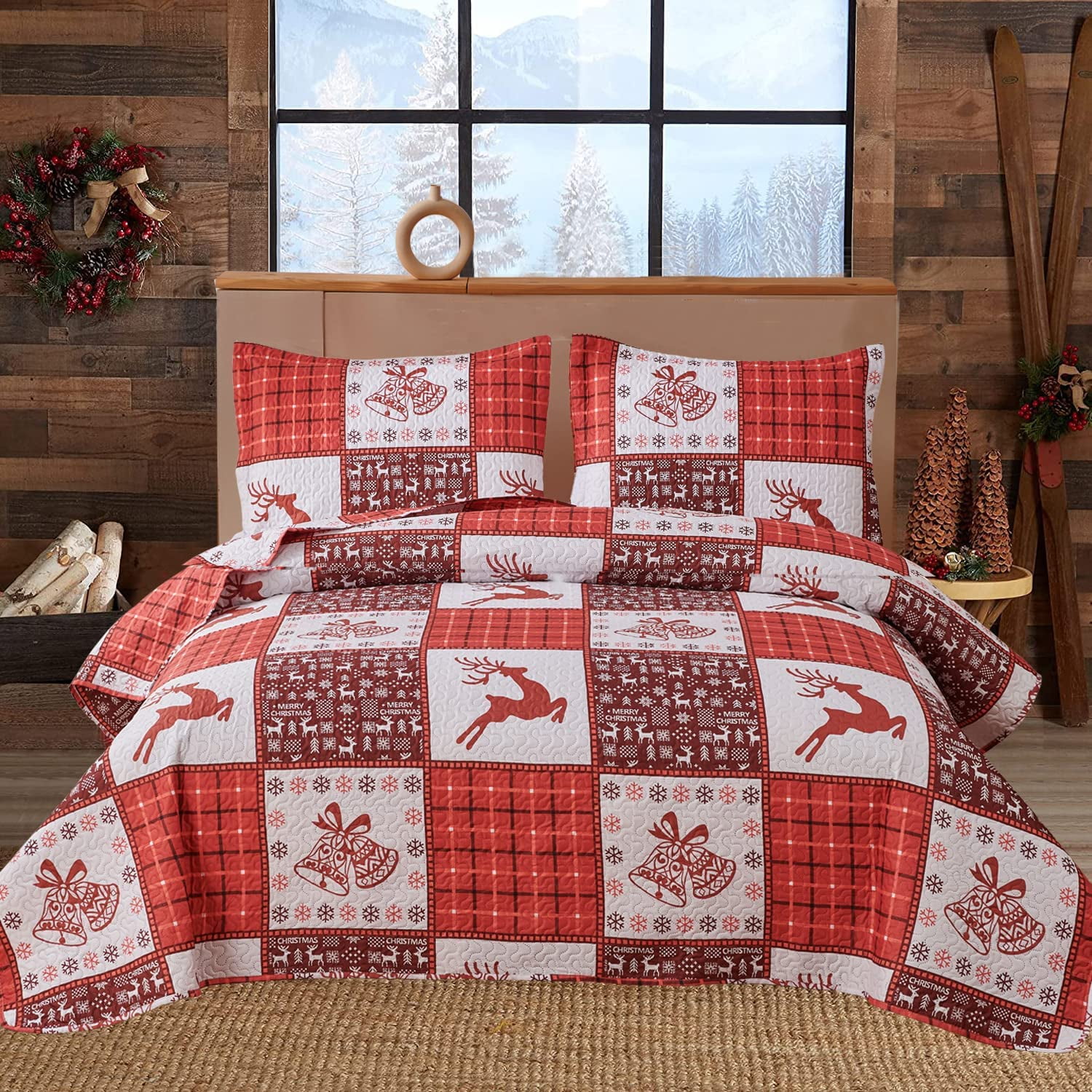 Green Essen Christmas Quilts King Size Deer Bedding Set Rustic Cabin ...