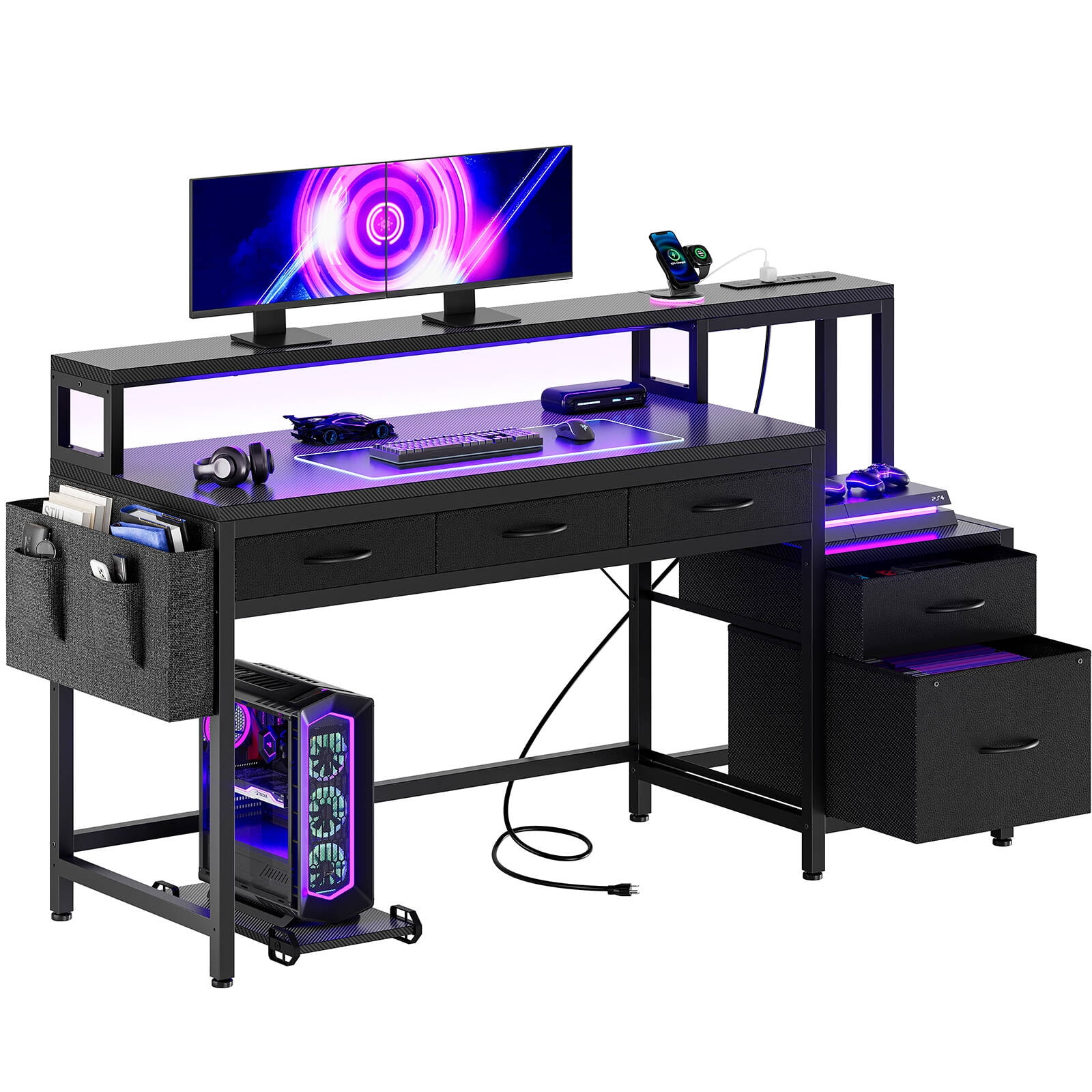 GUNAITO 61 inch Computer Desk with LED Lights & Power Outlet Modern ...