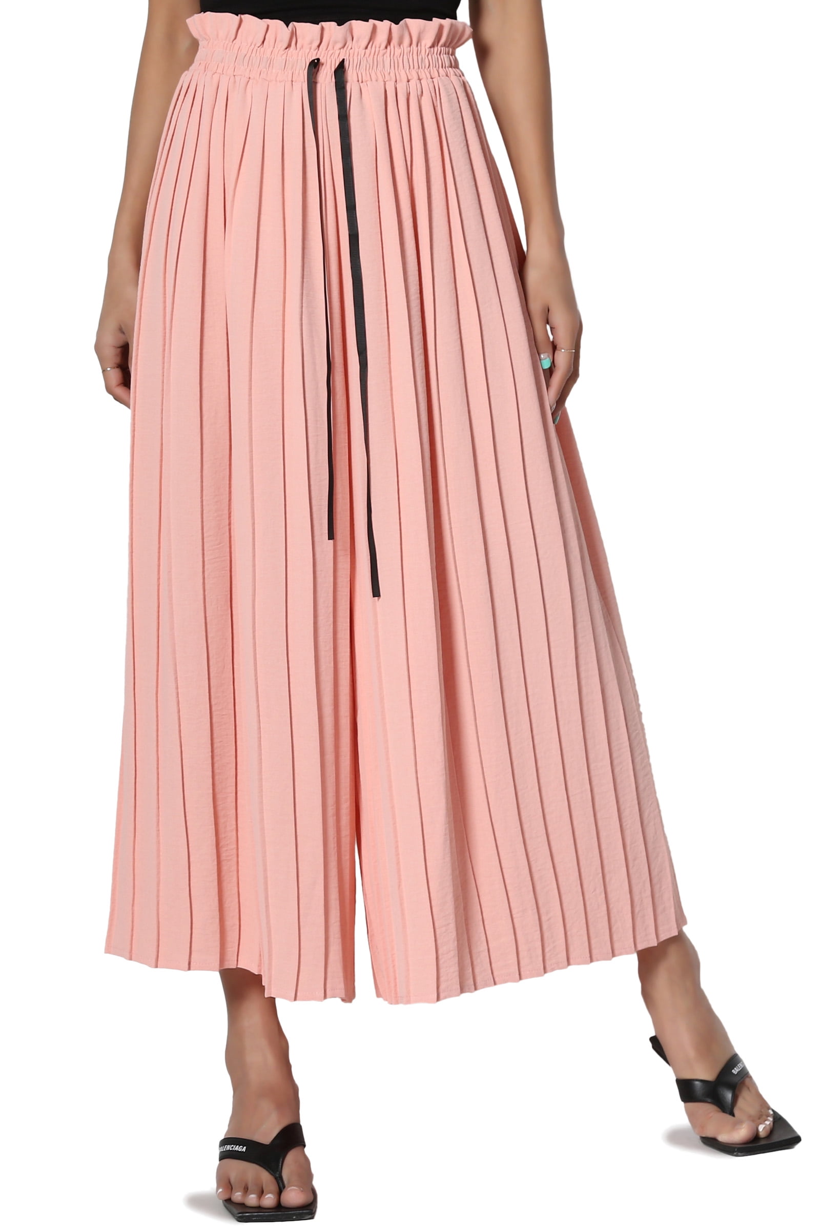 Themogan Womens Elastic Waist Pleated Trousers Wide Leg Crop Pants