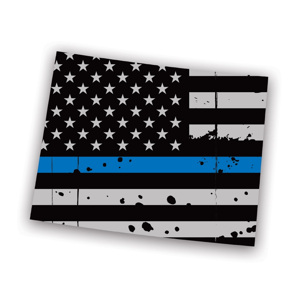 Distressed Wyoming State Shaped Subdued US Flag Thin Blue Line Sticker ...