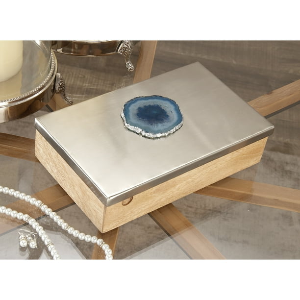 DecMode Handmade Silver Mango Wood Box with Geode Detail and Hinged Lid ...