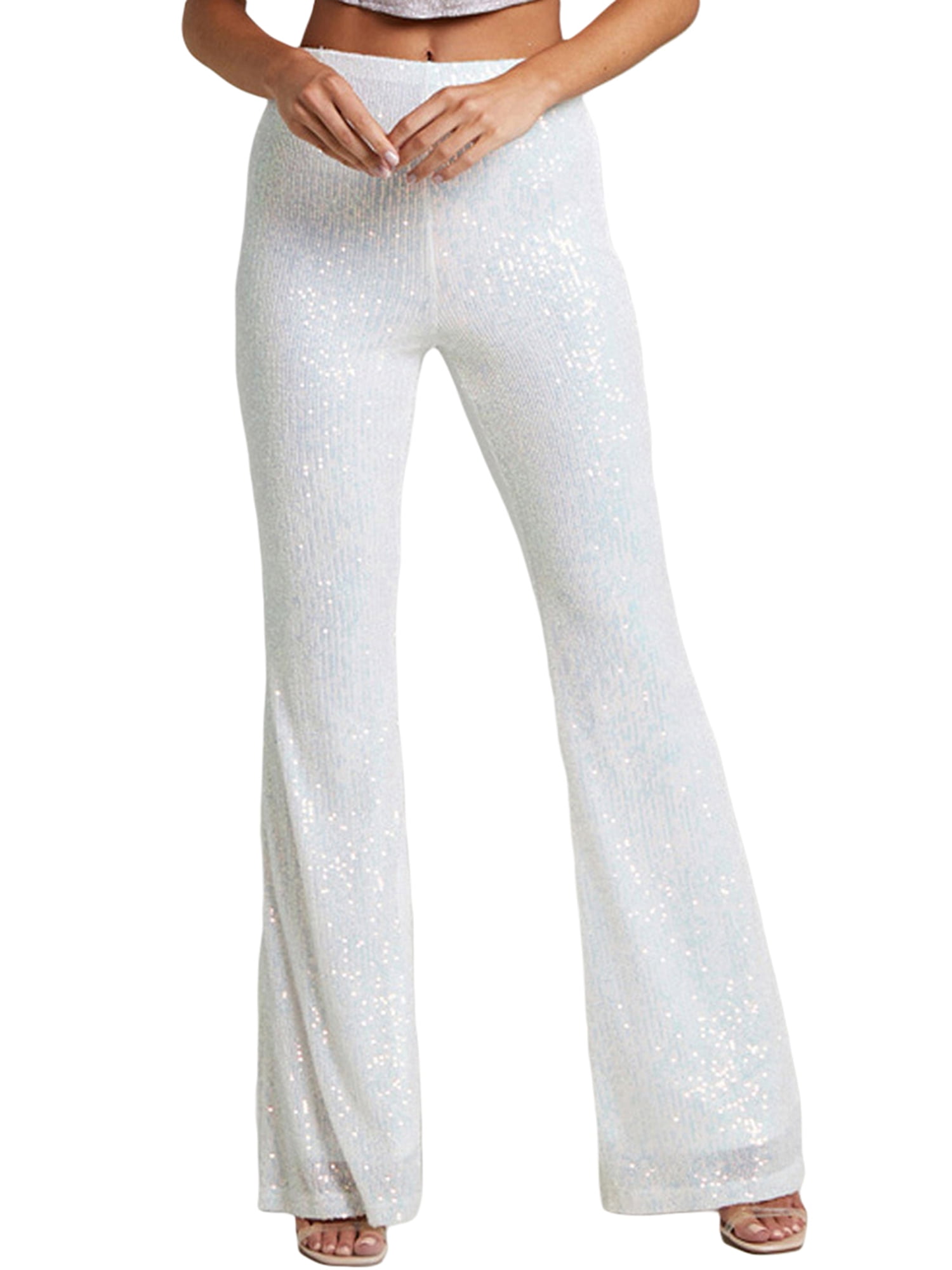 Douhoow Women Sequin Flare Pants Wide Leg Sparkle Pants Party Club ...