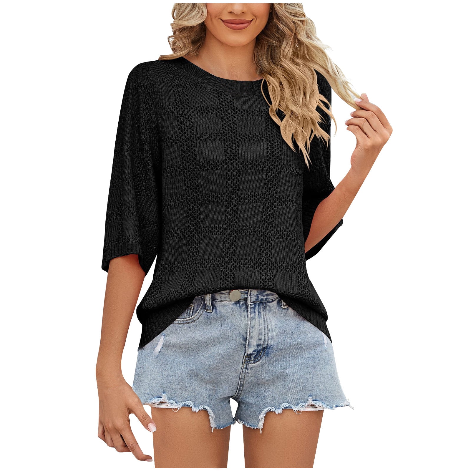 YYDGH Womens Summer Short Sleeve Sweaters Tops Crew Neck Hollow Out ...
