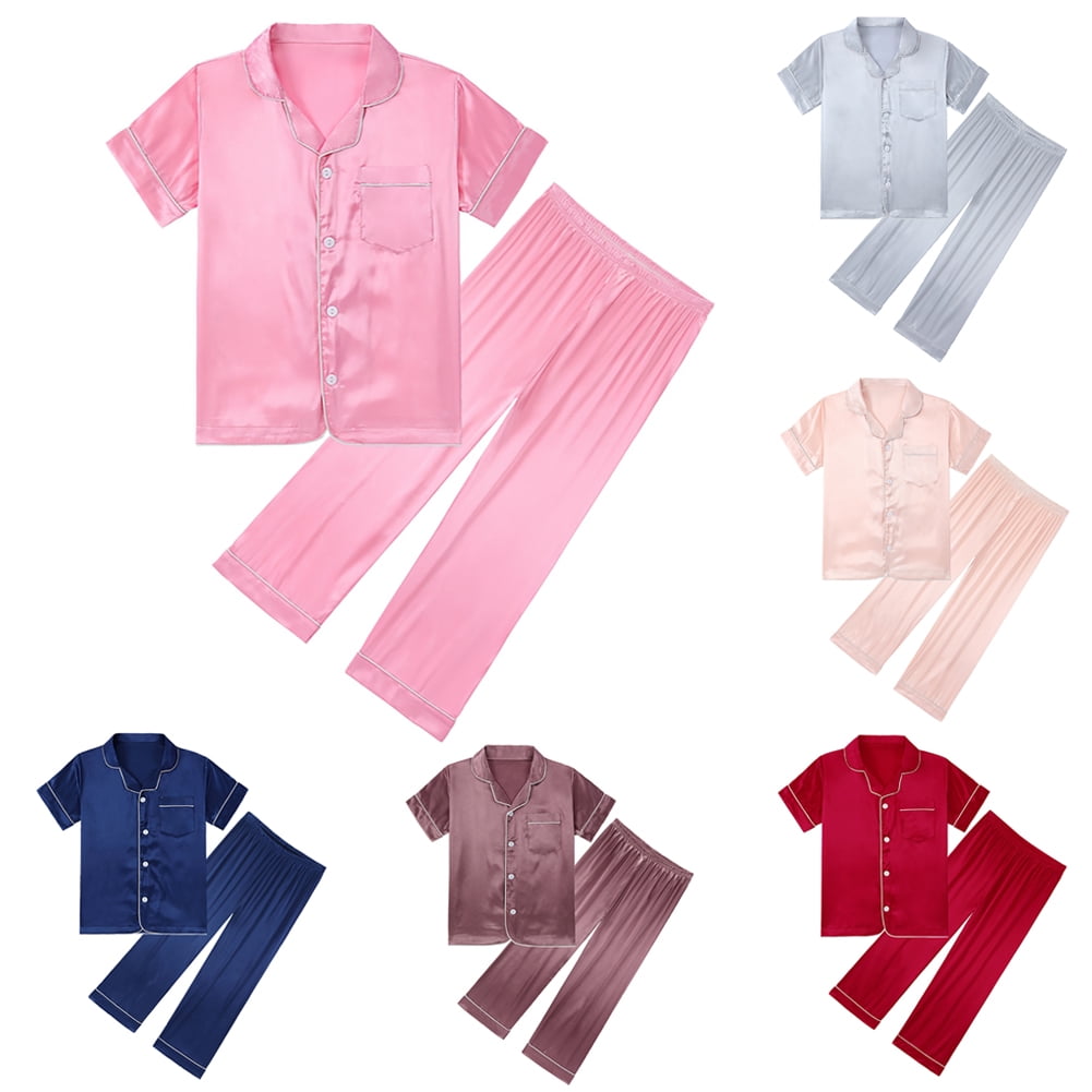 SILVERCELL Girls Boys Kids Silk Satin Pajamas Set Button-Down Clothes ...