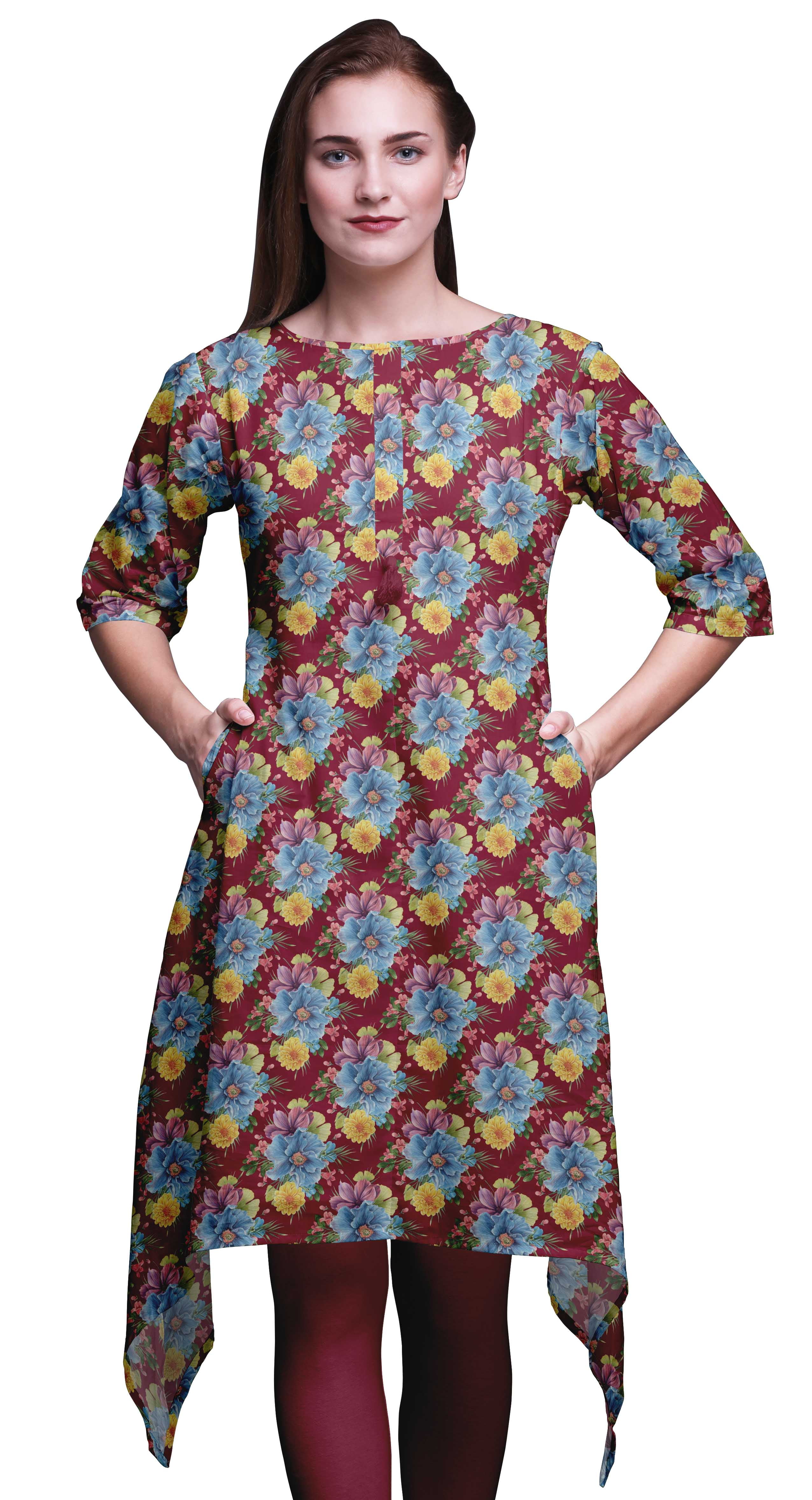 Bimba Red Peony & chrysanthemum Floral Printed Asymmetrical Kurti Tops ...