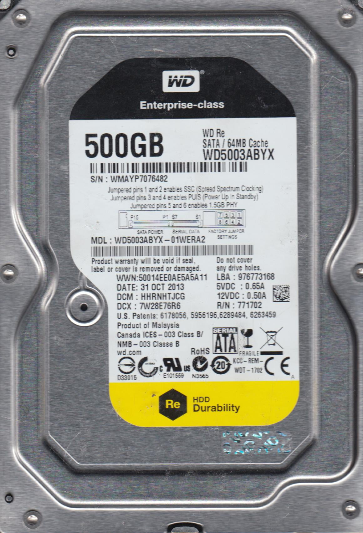 WD5003ABYX-01WERA2, DCM HHRNHTJCG, Western Digital 500GB SATA 3.5 Hard ...