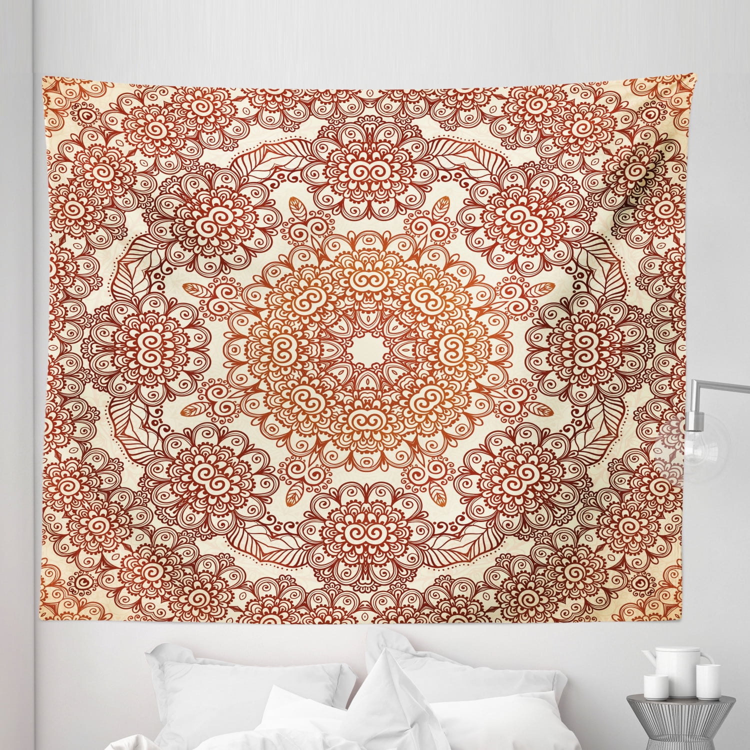 Ethnic Tapestry, Vintage Round Pattern Style Brown Tones Spring Flowers ...