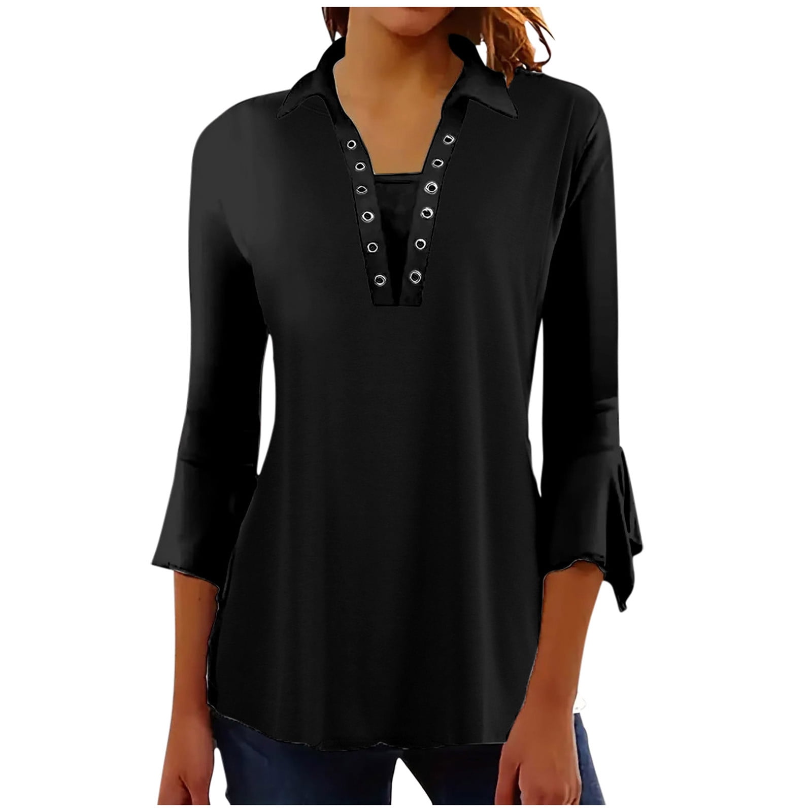 Click here for Timegard Womens Tops Lapel Neck Ruffle 3/4 Sleeve... prices