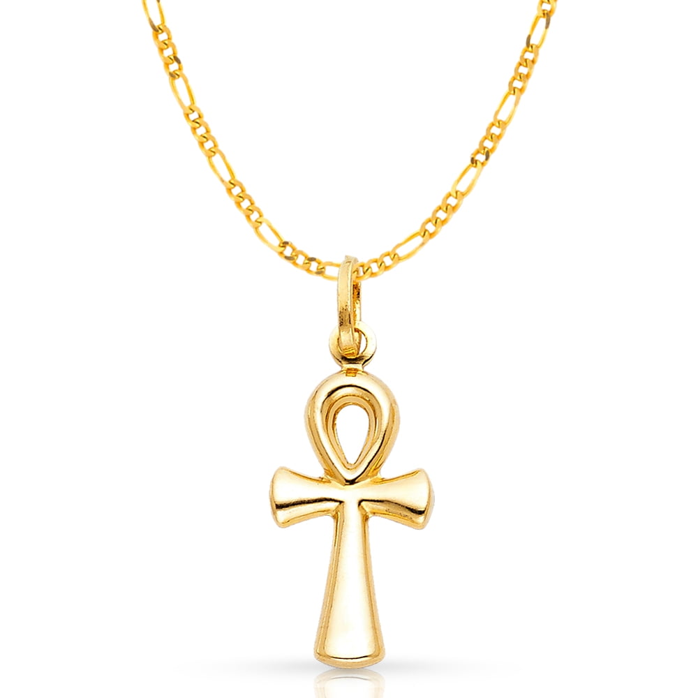 Ioka-14K Yellow Gold Egyptian Ankh Cross Pendant with 1.9mm Figaro 3+1 ...