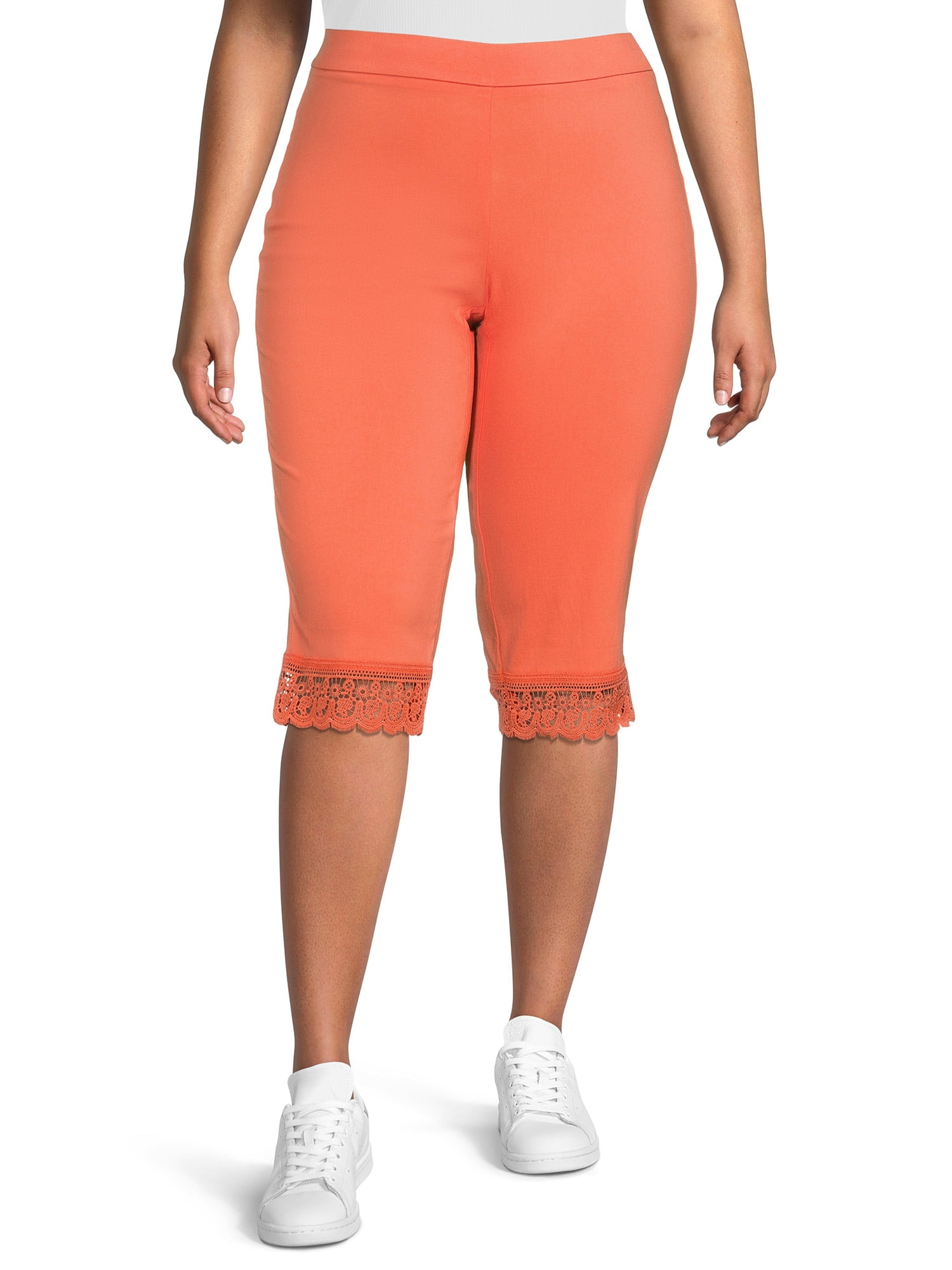 Realsize Womens Plus Size Crochet Trim Stretch Pull On Capris