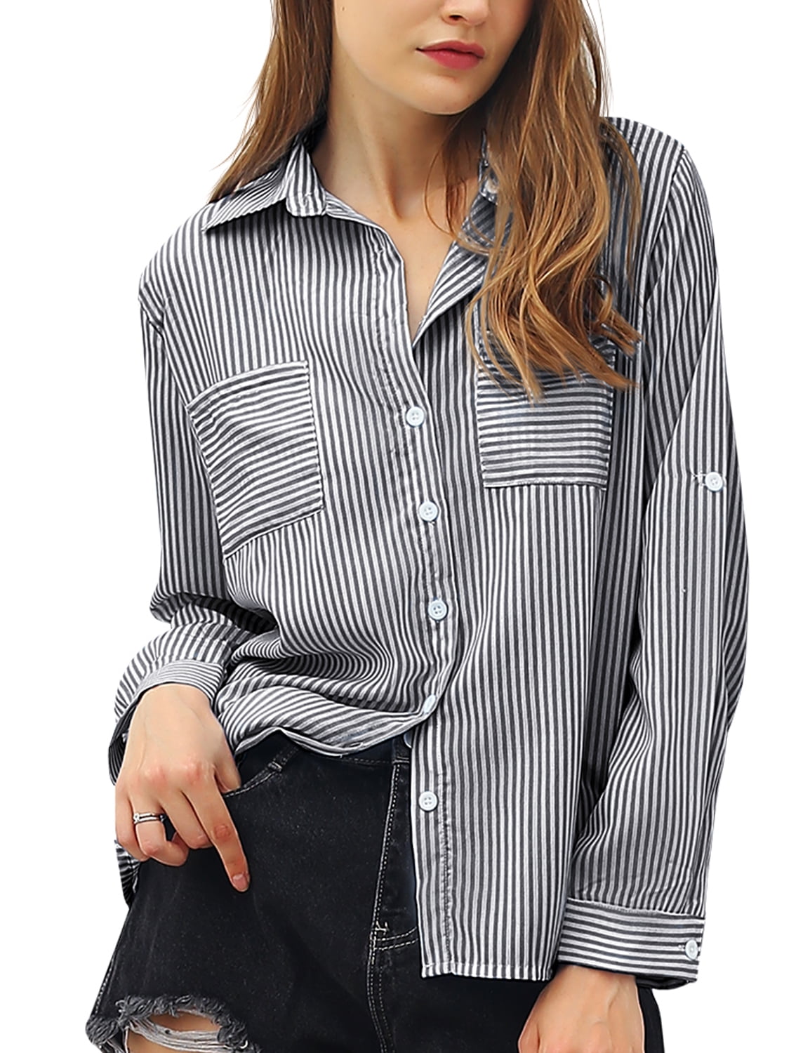 Doublju Womens Long Sleeve Button Down Vertical Stripe Two Pockets ...
