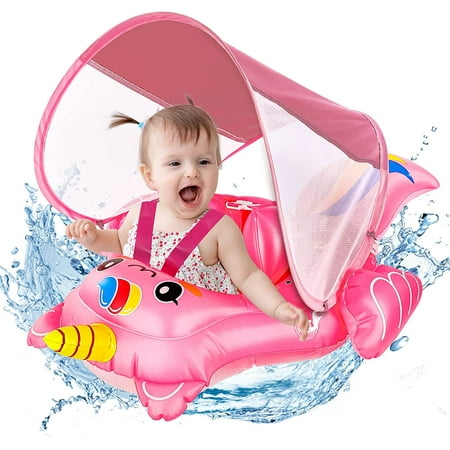Baby Swimming Float with Canopy, Inflatable Infant Pool Float Ring with Antiflip Tail Safety ...