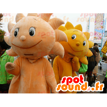 2 SPOTSOUNDs mascot of Ma min and Mi-man, 2 orange and yellow suns ...