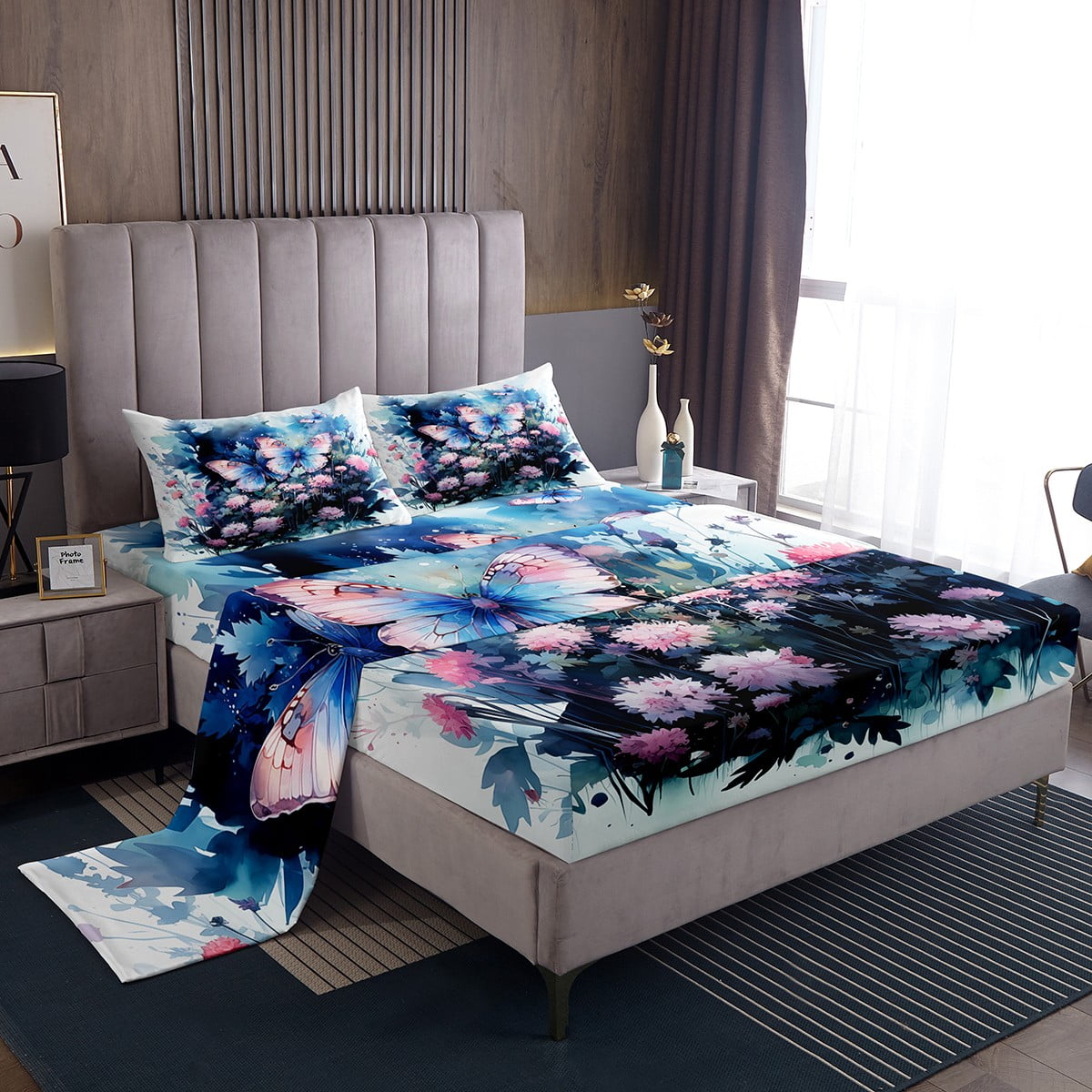 Click here for Yst Pink Blue Butterfly Sheet Set Pink Hydrangea Q... prices