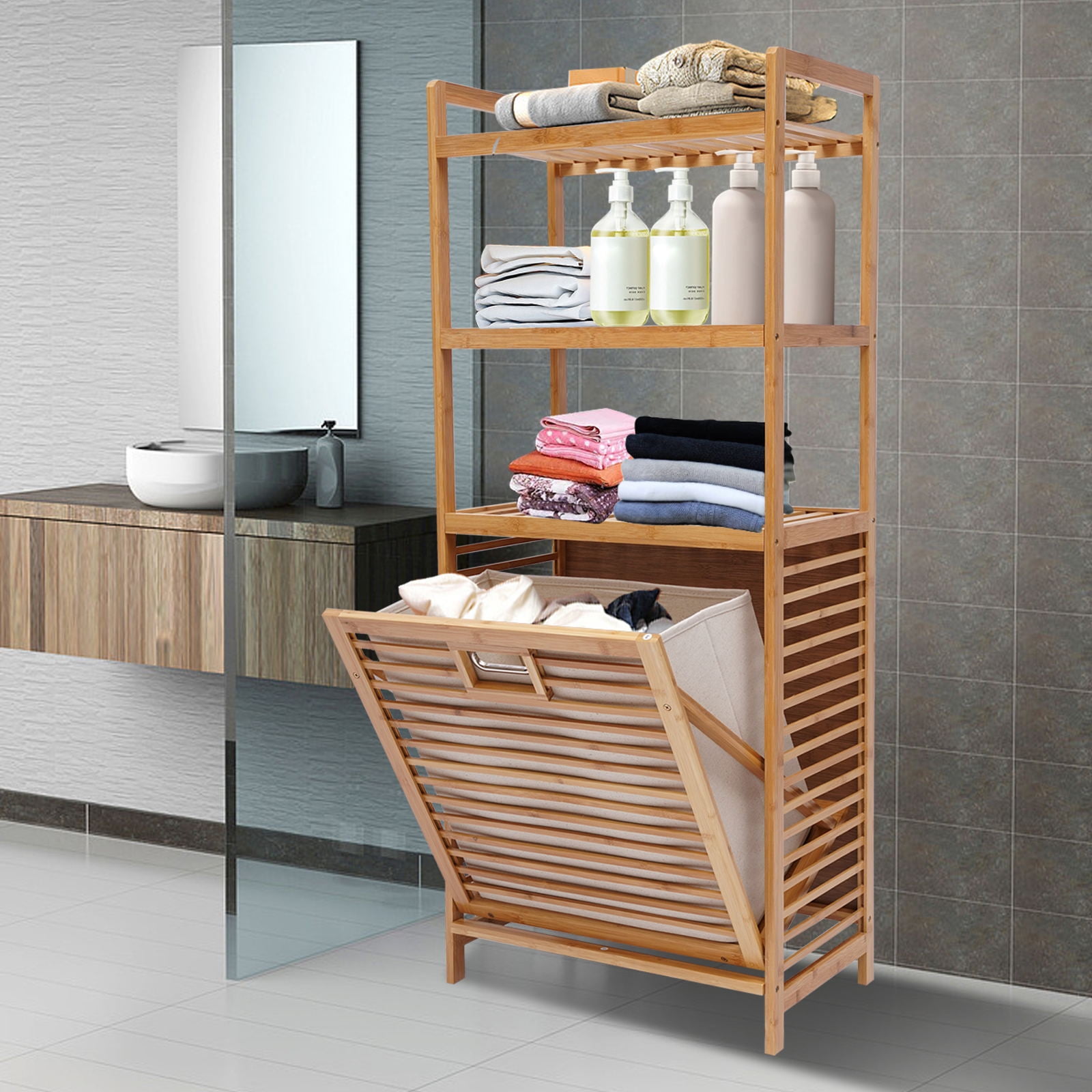 Wuzstar 3-Tier Bamboo Laundry Hamper Floor Stand Laundry Cabinet ...