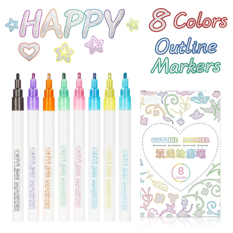 Outline Pen Set 8 Colors Double Line Outline Pens Glitter Writing ...