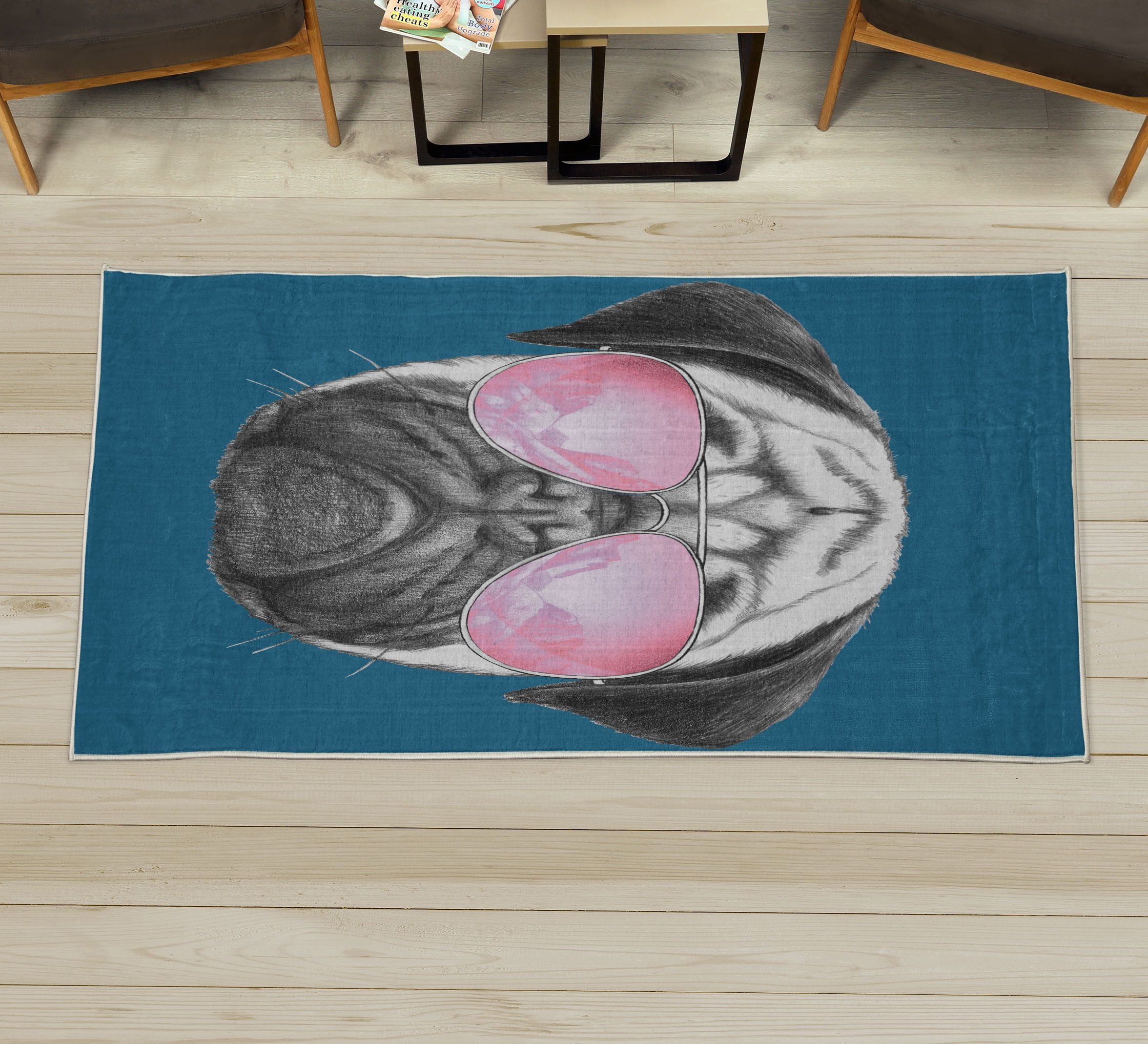 Pug Decorative Rug, Dog Portrait Mirror Sunglasses Hand Drawn ...