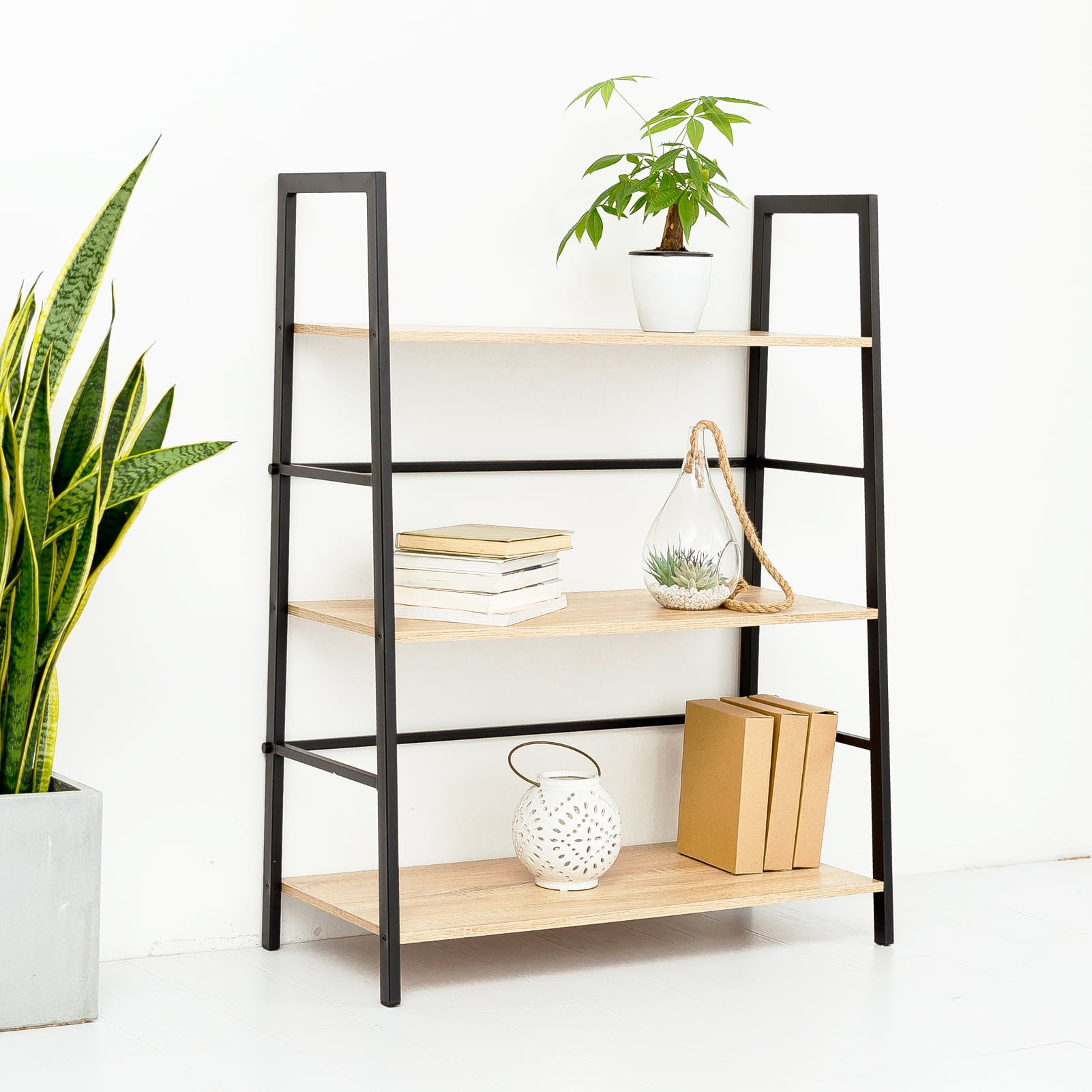 C-Hopetree Ladder Bookcase 3 Shelves Black Metal Finished Frame ...