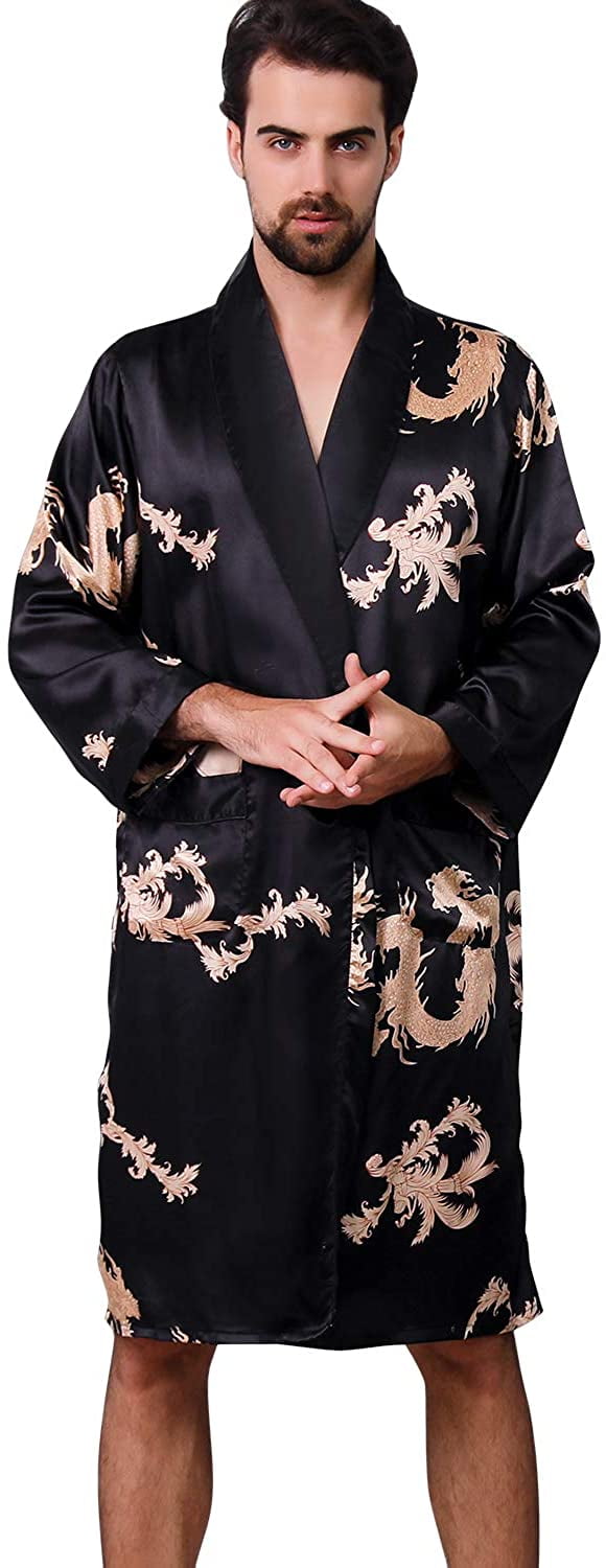 Haseil Men's Satin Robe Dragon Luxurious Silk Spa Long Sleeve House ...