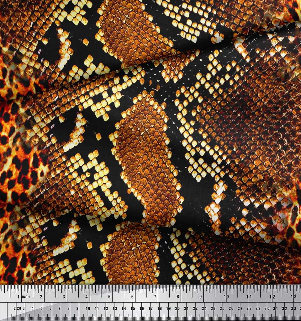 Soimoi Orange Cotton Cambric Fabric Leopard & Snake Animal Skin Print ...