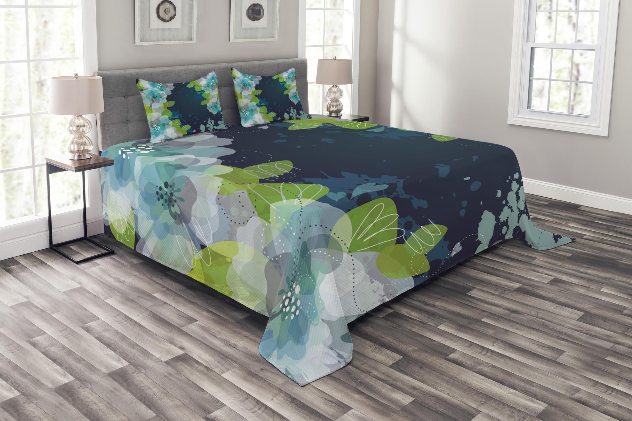 Navy Bedspread Set King Size, Sketchy Abstract Blossoms Flowers with ...
