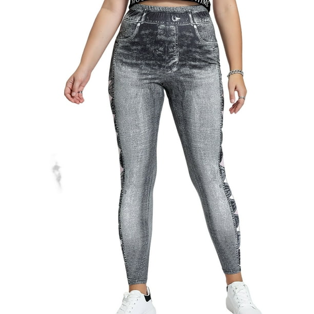 Sexy Dance Ladies Fake Jeans Look Print Oversized Faux Denim Pant High ...