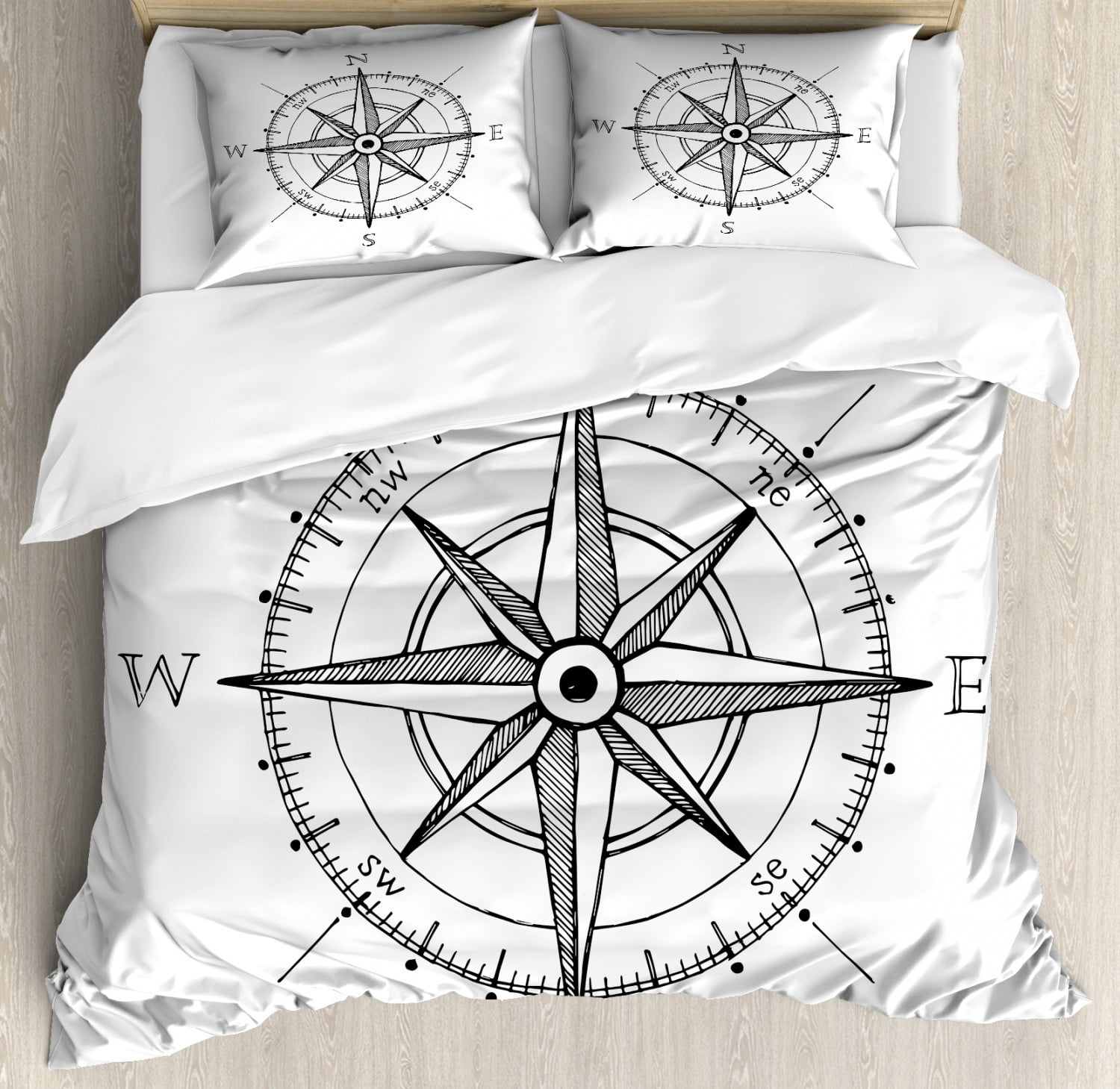 Compass Duvet Cover Set Queen Size, Hand Drawn Compass Windrose North ...