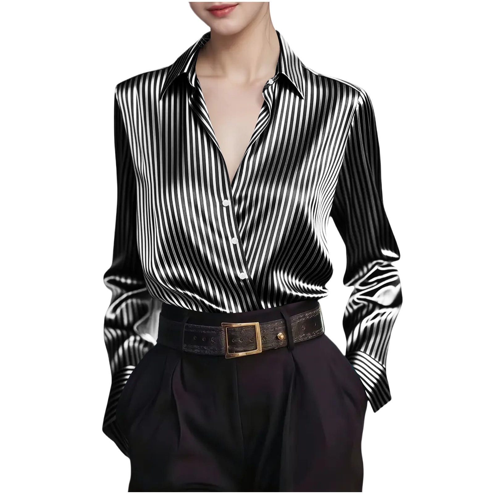 Click here for Prvdebri Womens Striped Satin Button Down Blouse -... prices
