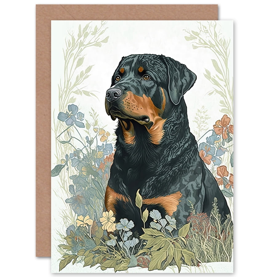 Rottweiler Dog Sitting in Flower Field Modern Watercolour Illustration ...