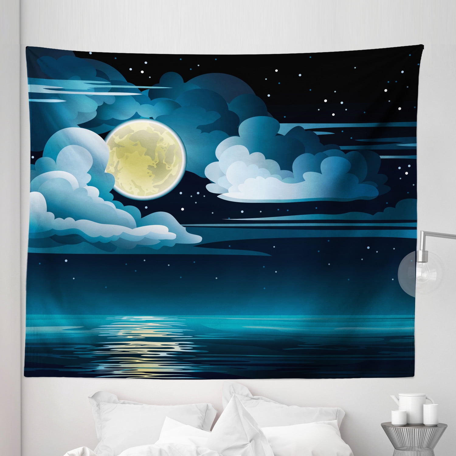 Night Tapestry, Clouds Full Moon and Stars over the Sea Romantic ...