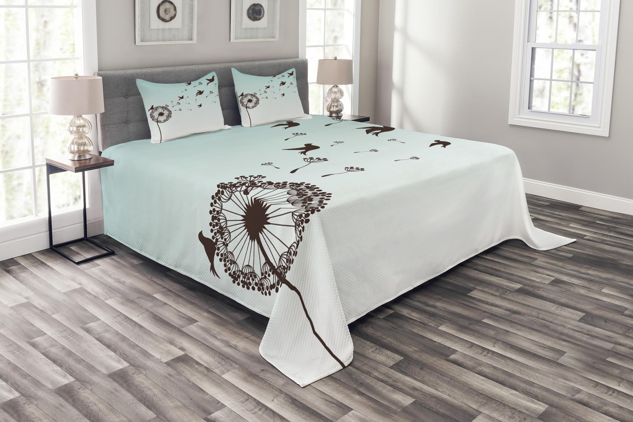 Art Bedspread Set Queen Size, Dandelion Flower Arrangement Petals Doves ...