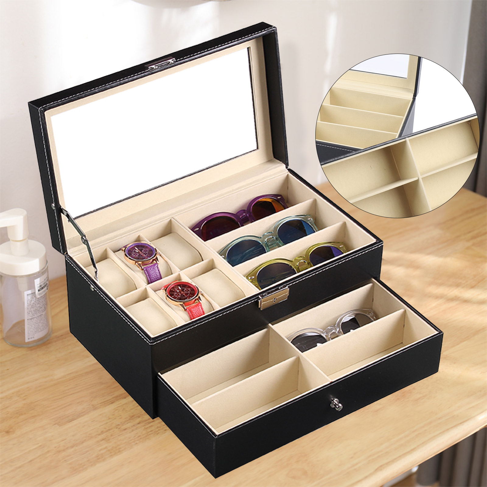Black Leather 6 Watch Box Jewelry Case and 9 Piece Eyeglasses Storage ...