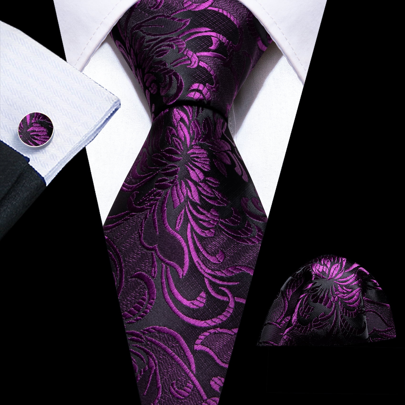 Barry.Wang Men's Tie Set with Handkerchief Cufflinks Flower Paisley ...