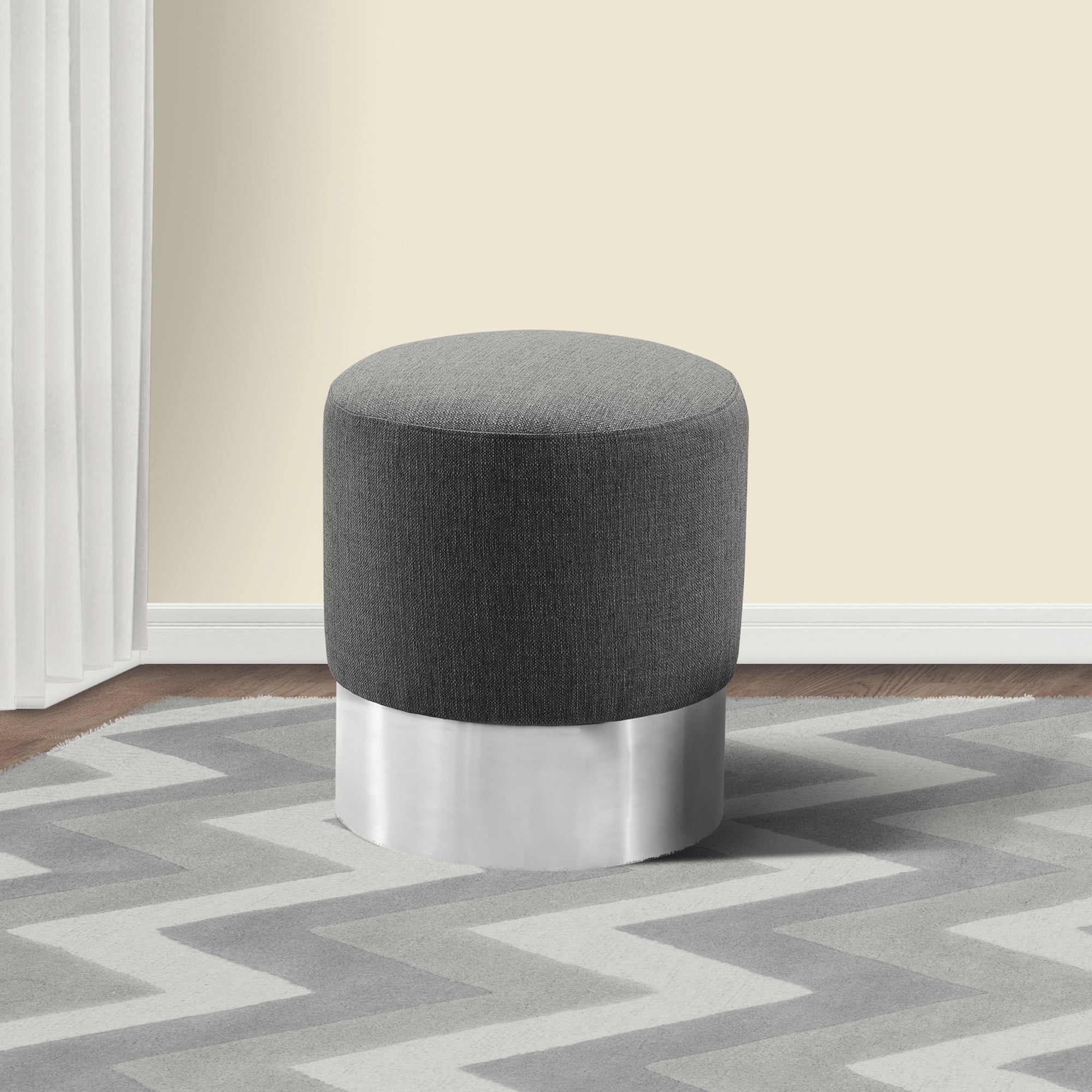Armen Living Tabitha Contemporary Round Ottoman in Brushed Stainless ...