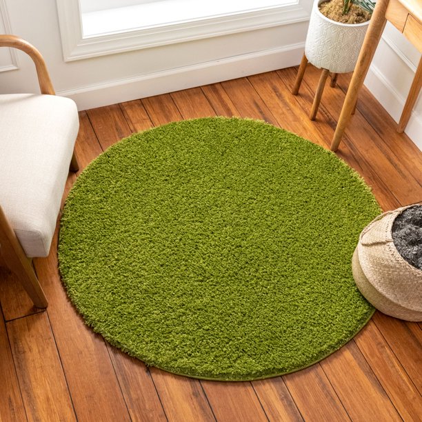 Solid Shag Green Modern Geometric Plain Plush 4 Round (3'11" Round ...