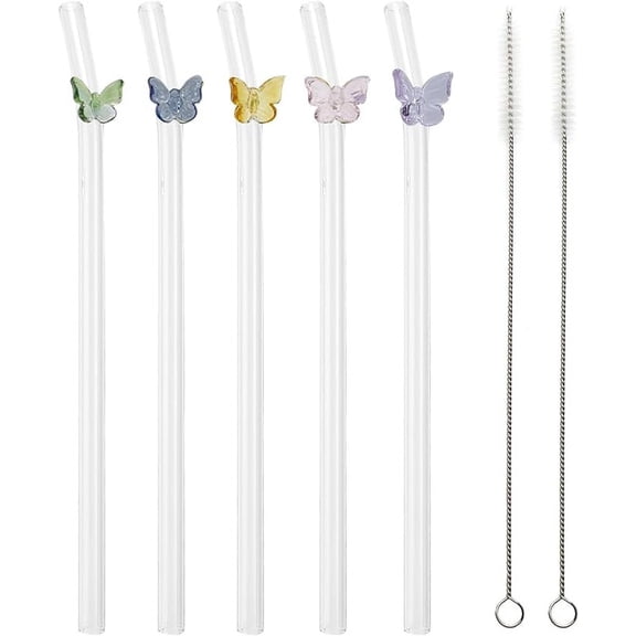 5 Pcs Glass Straws Butterfly Straws with Design Reusable Straws with 2 ...