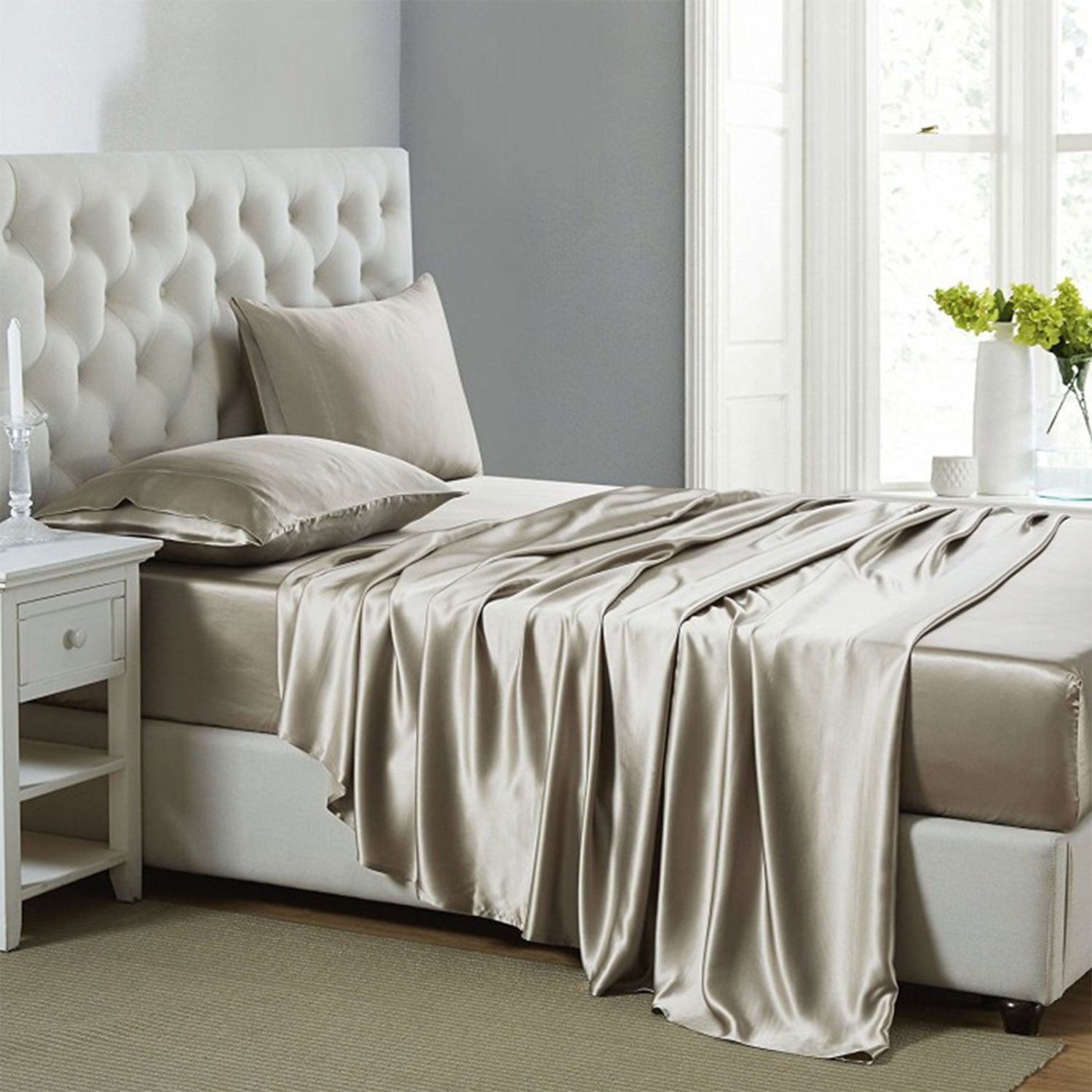 Luxury Satin Sheets Set Queen Size Taupe, 4-Piece Bedding Sets with ...