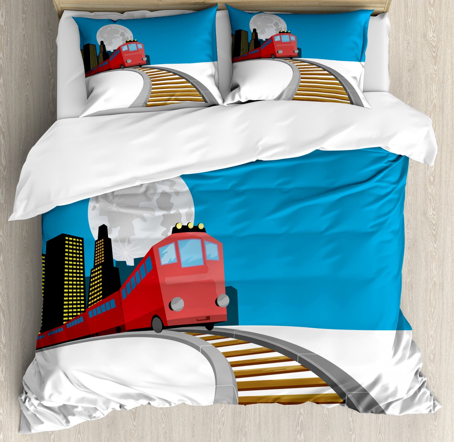 Train Track Duvet Cover Set King Size, Cartoon Graphic of Train and Big ...