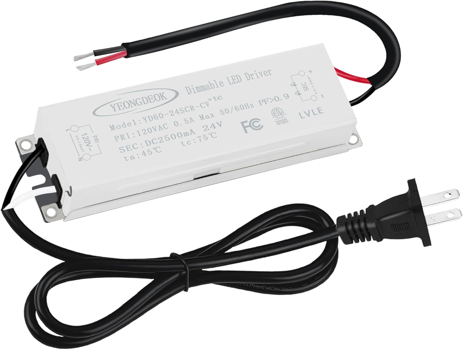 SHILIU-24V 60W Dimmable LED Driver with Plug, 120V AC to 24V DC ...