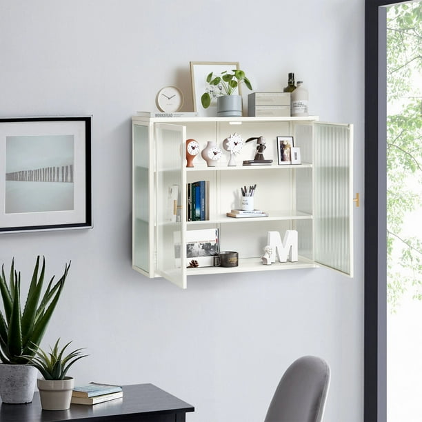 Glass Doors Modern Two Door Wall Cabinet with Featuring Three Tier Storage for Entryway Living Room Bathroom Dining Room White