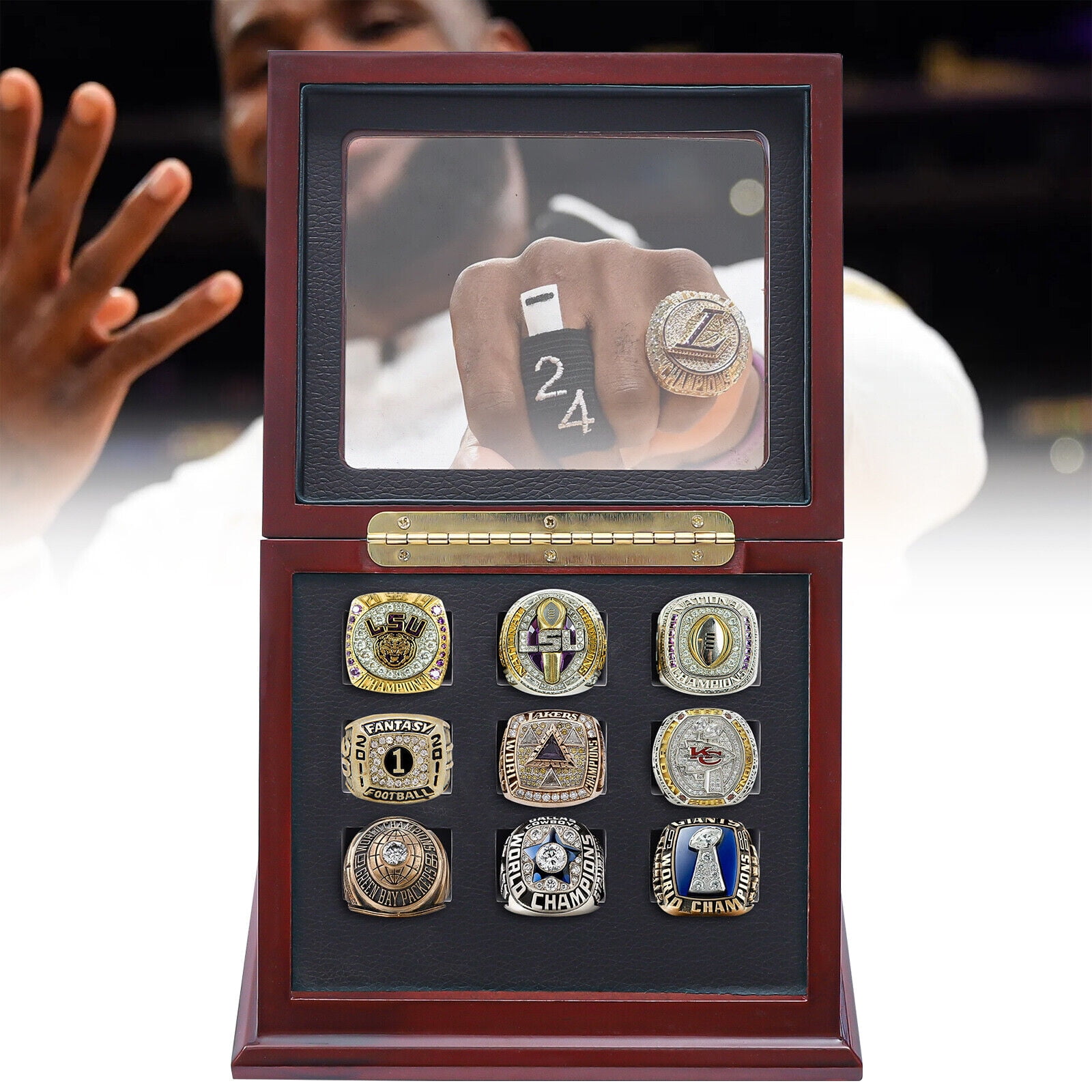 Miumaeov Championship Ring Display Case 9-Hole Wooden Slanted Ring ...