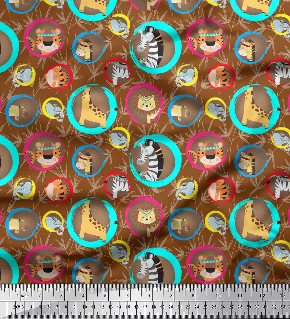 Soimoi Silk Fabric Leaves,Circle & Cute Animals Cartoon Print Fabric by ...