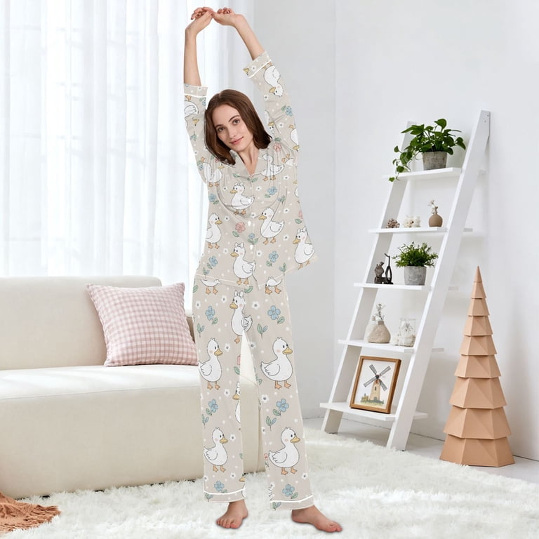 Duck Flower Pattern Women Pajama Set Soft Notch Collar Button Down Long ...